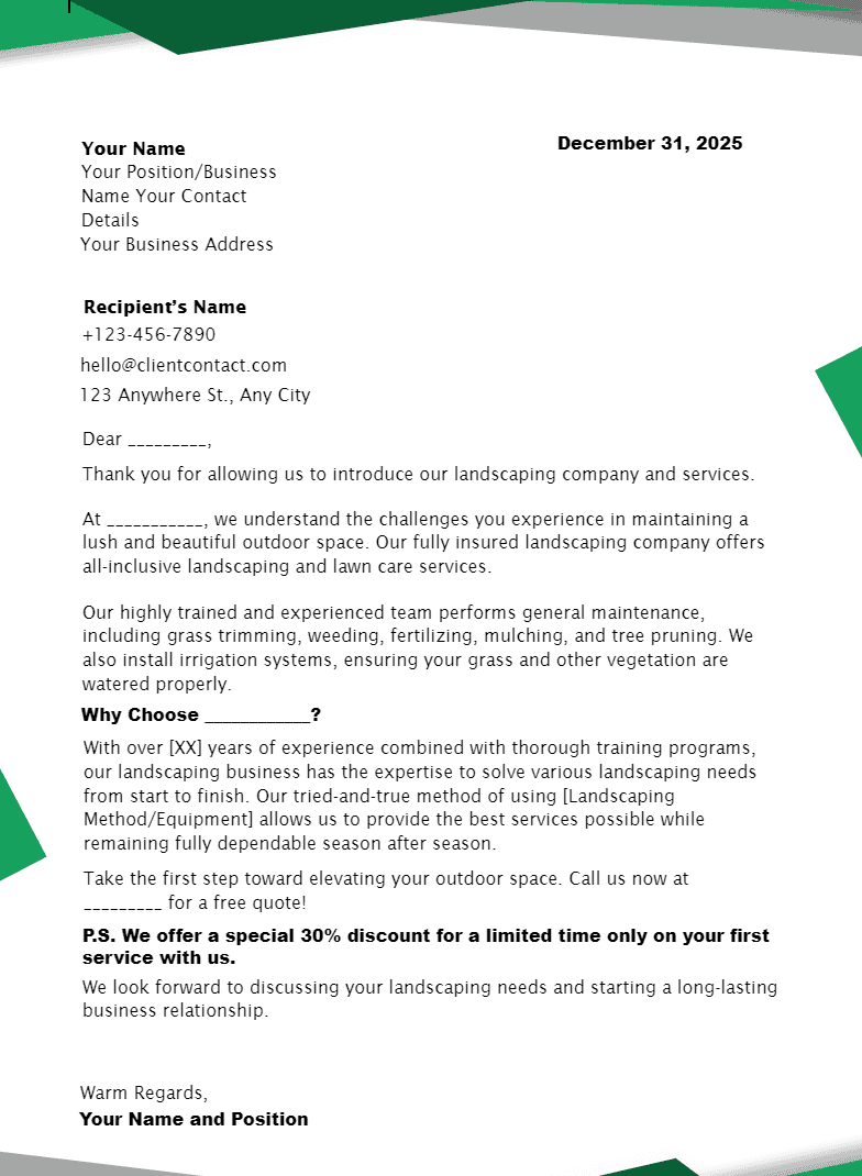 Free Sample Letter Offering Landscaping Services: Win Clients